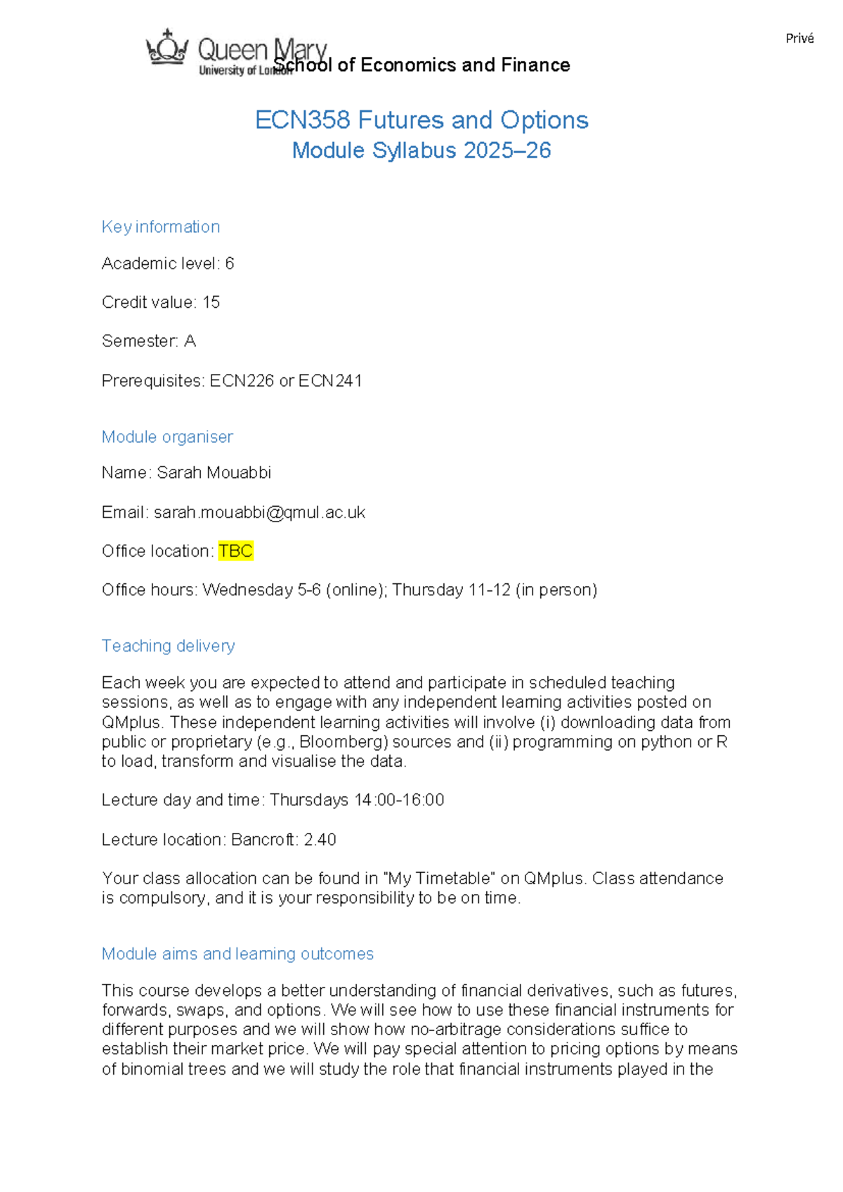 Syllabus for ECN358: Futures and Options Module (Academic Year 25-26 ...