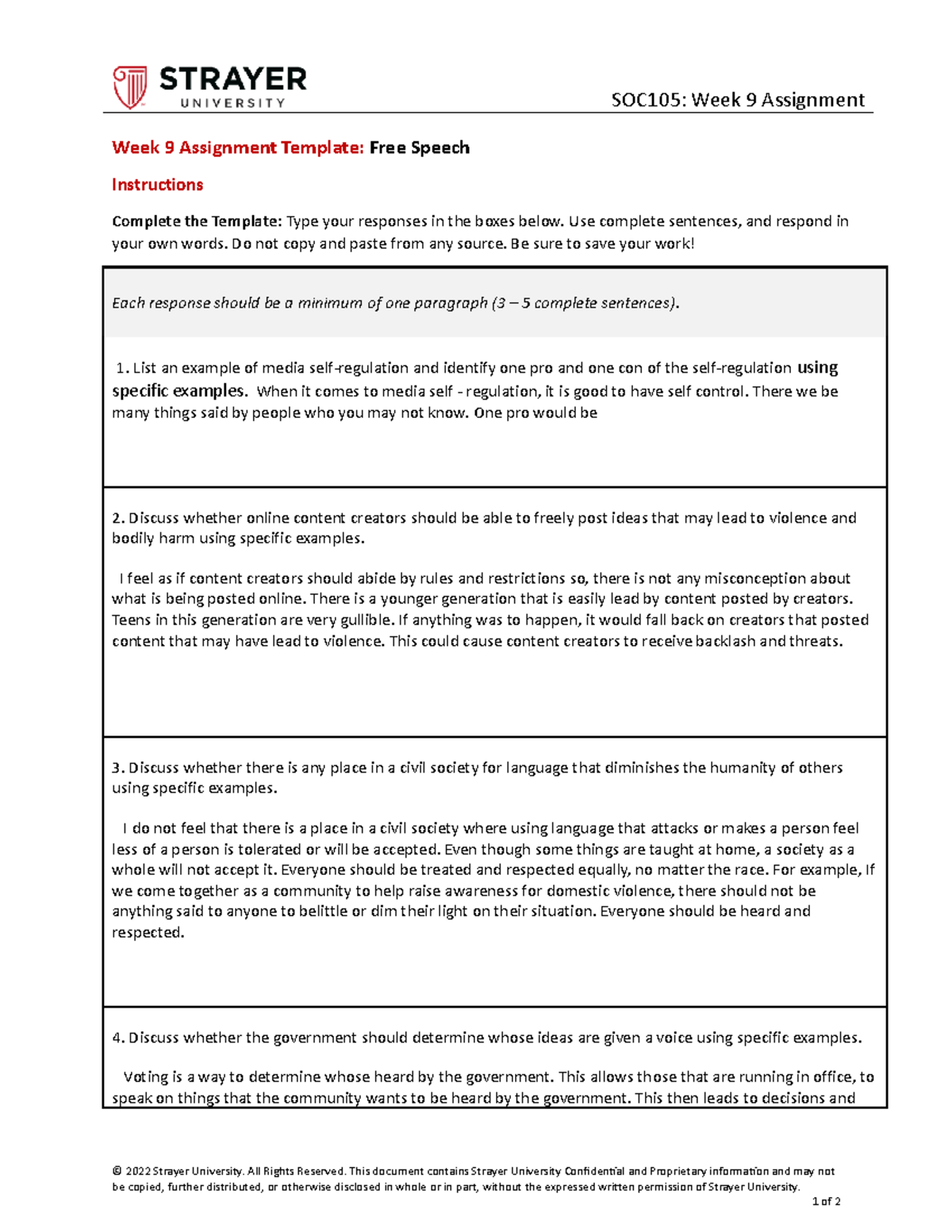 SOC105 Week 9 Assignment Template: Exploring Free Speech Issues - Studocu