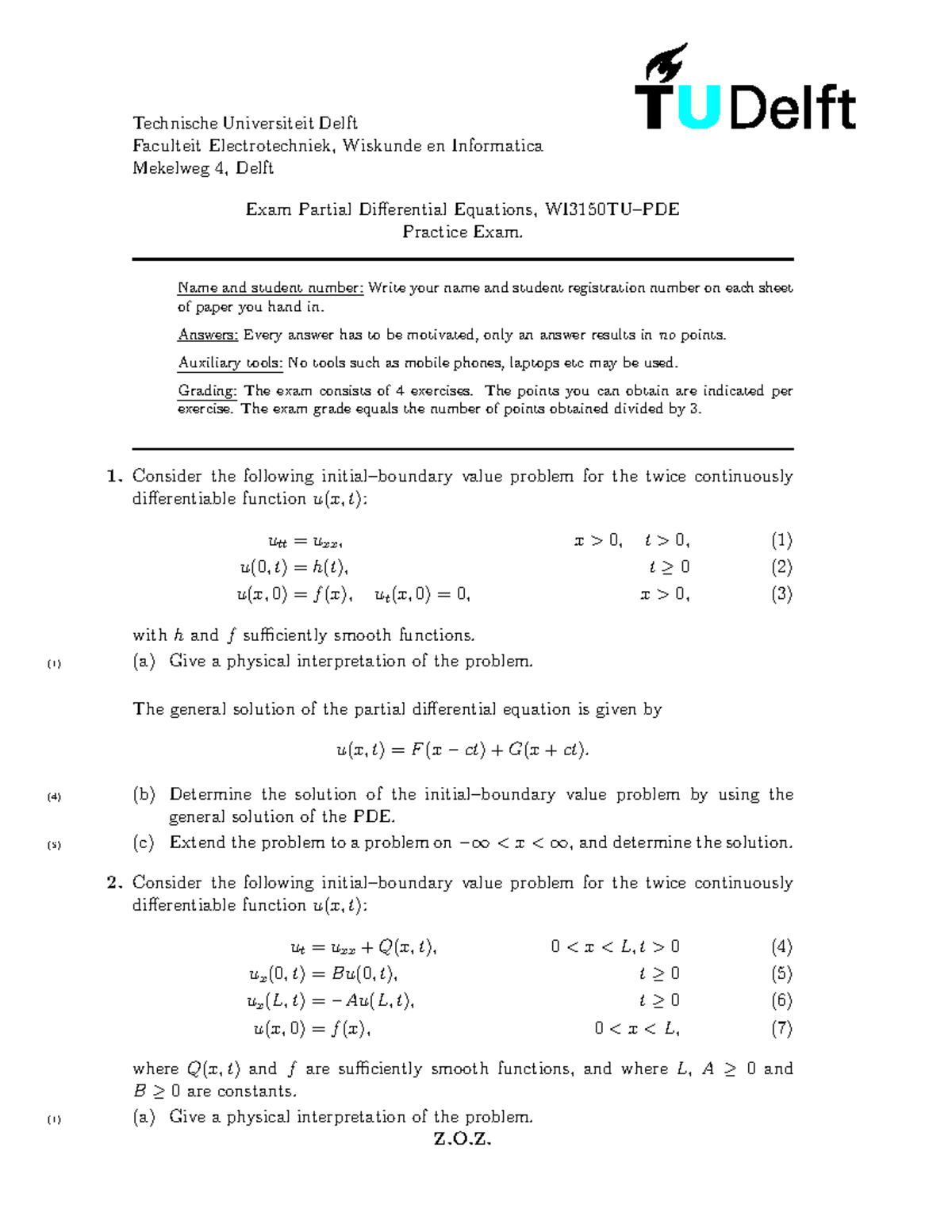 Exam WI3150TU - Partial Differential Equations Practice Exam - Studeersnel