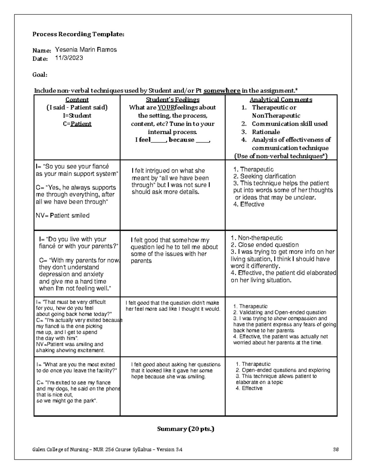 NUR 256 Process Recording Template and Guidelines - Studocu