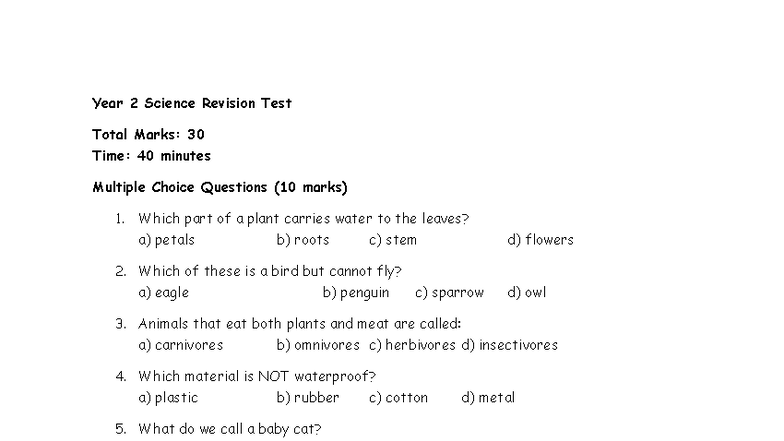 Year 2 Science Revision Test: MCQs, True/False & Short Answers - Studocu