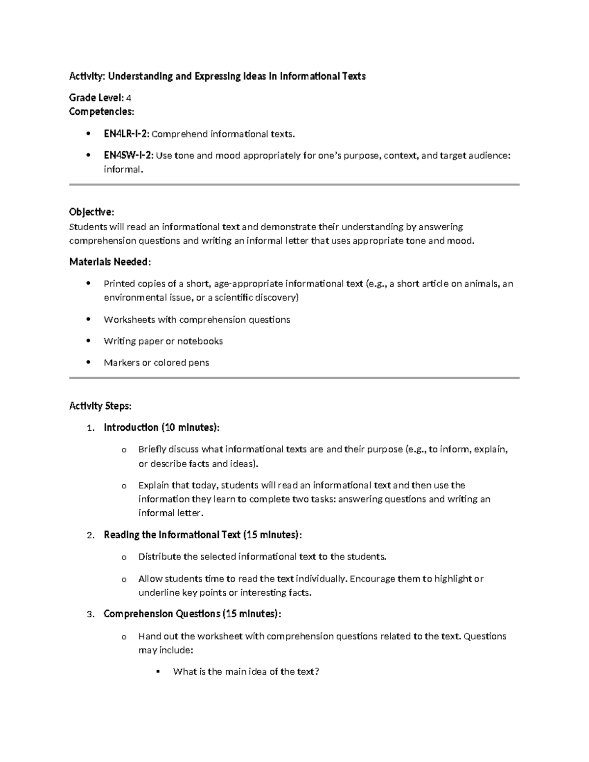 Activity for Grade 4: Engaging with Informational Texts and Writing ...