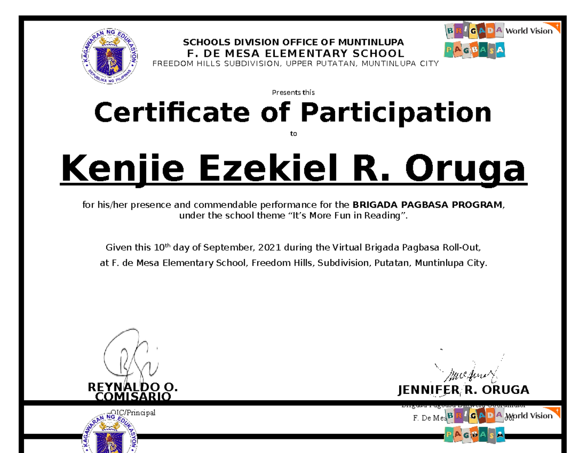 Brigada Pagbasa Program Participation Certificates - School Year 2021 ...