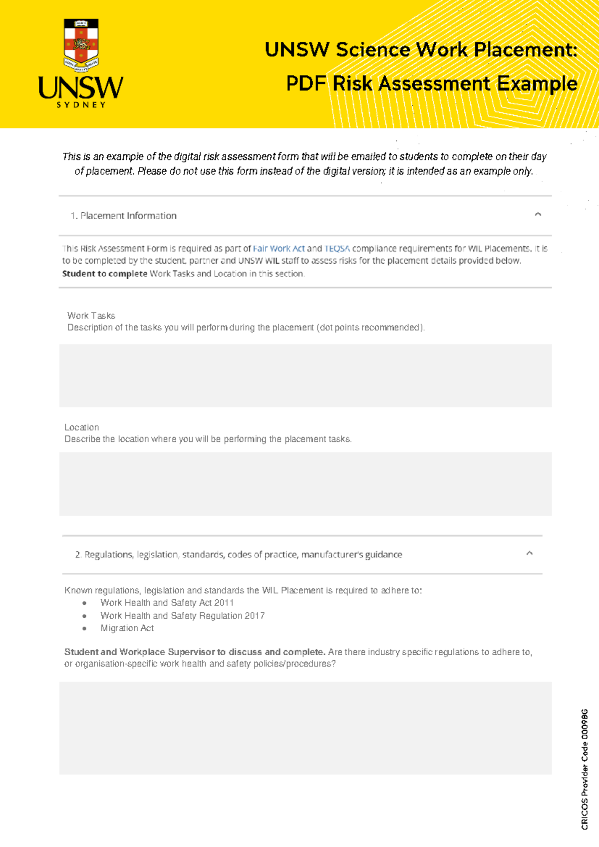 Risk Assessment Example for WIL Placement - UNSW Science - Studocu