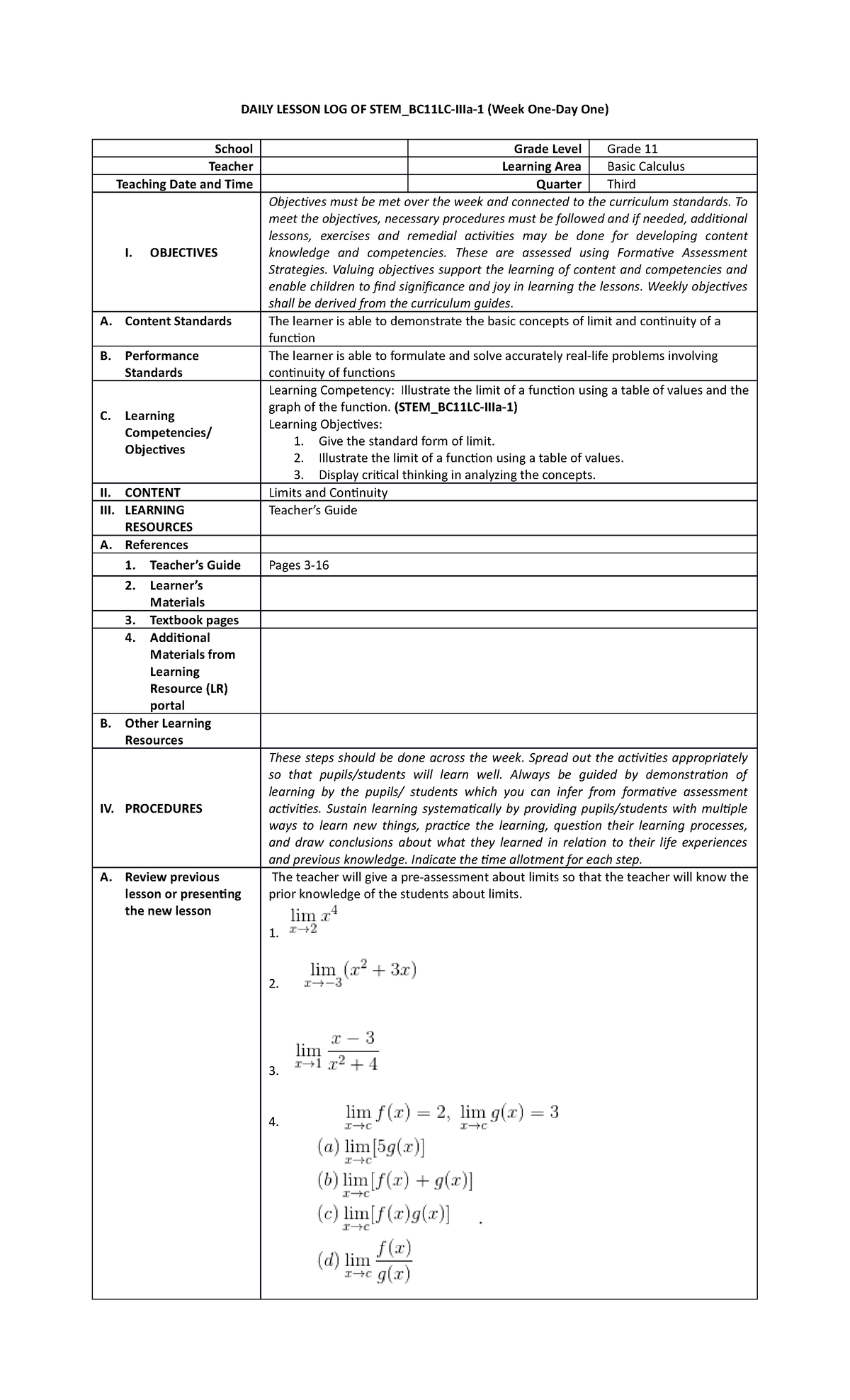 BC III-1 - Daily Lesson Log for Limits & Continuity in Calculus - Studocu
