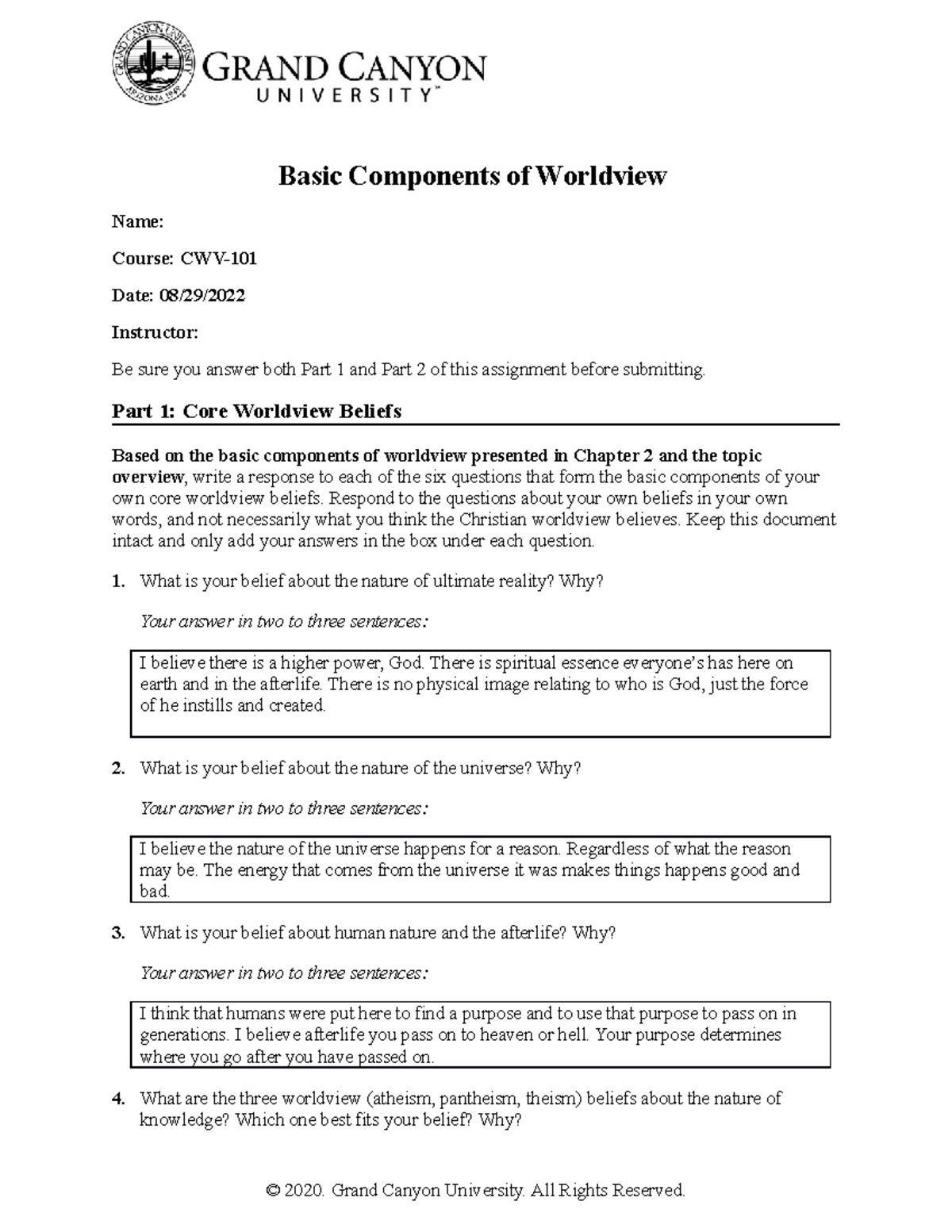 CWV-101-301-RS-T1 Basic Components Of Worldview - Basic Components of Worldview Name: Course ...