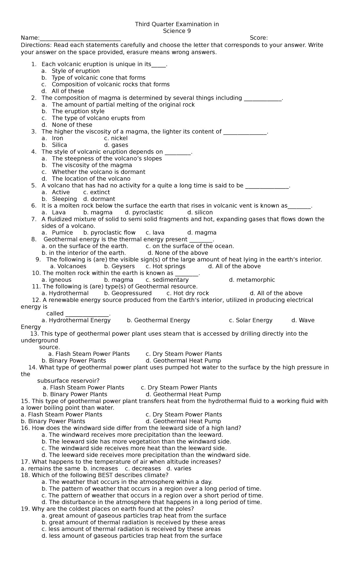 Third Quarter Exam Review in Science 9 - Lecture Notes - Studocu