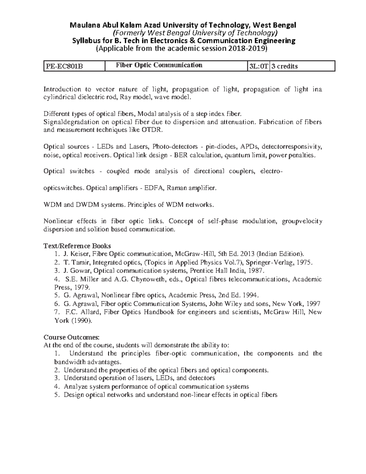 B. Tech PE-EC801B Fiber Optic Communication Syllabus & Course Outcomes - Maulana Abul Kalam Azad ...