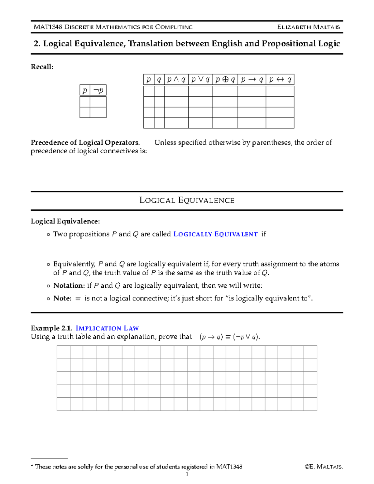 MAT1348 Lecture 2: Logical Equivalence & Propositional Logic Notes ...