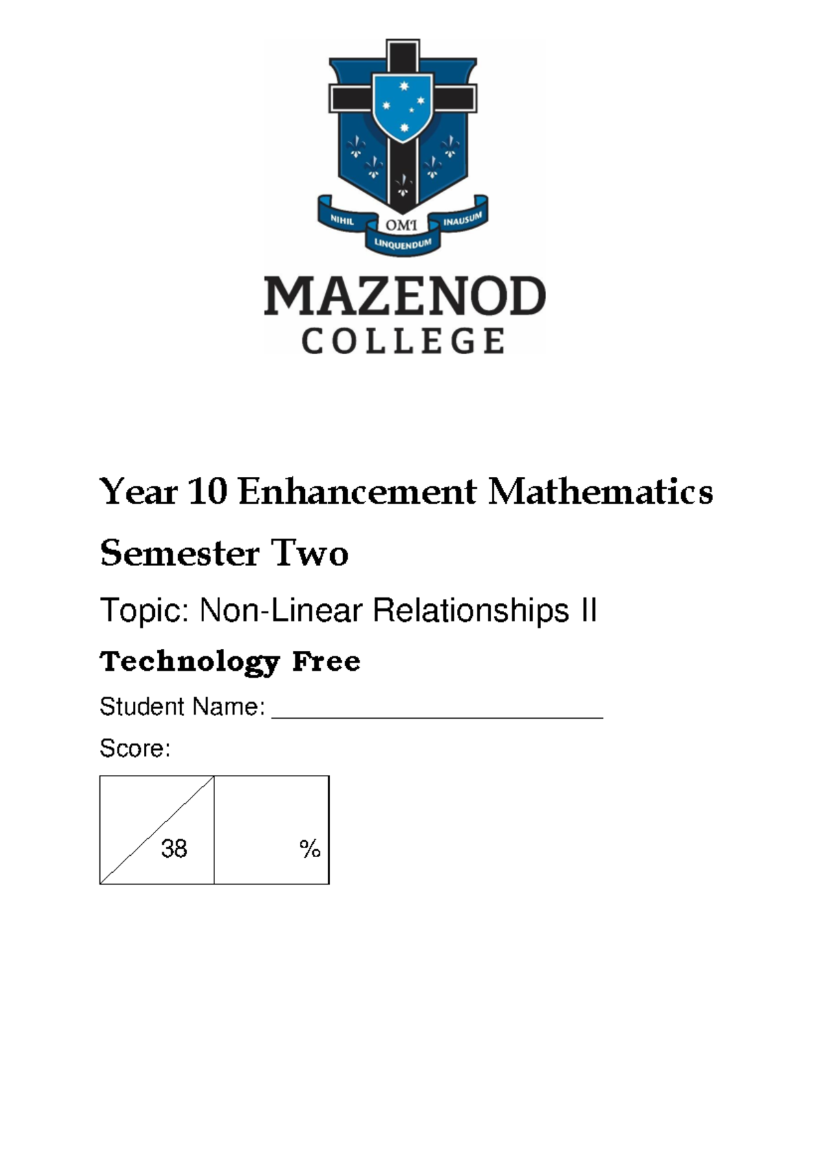 Year 10 Enhancement Mathematics Semester 2: Non-Linear Test 2023 - Studocu
