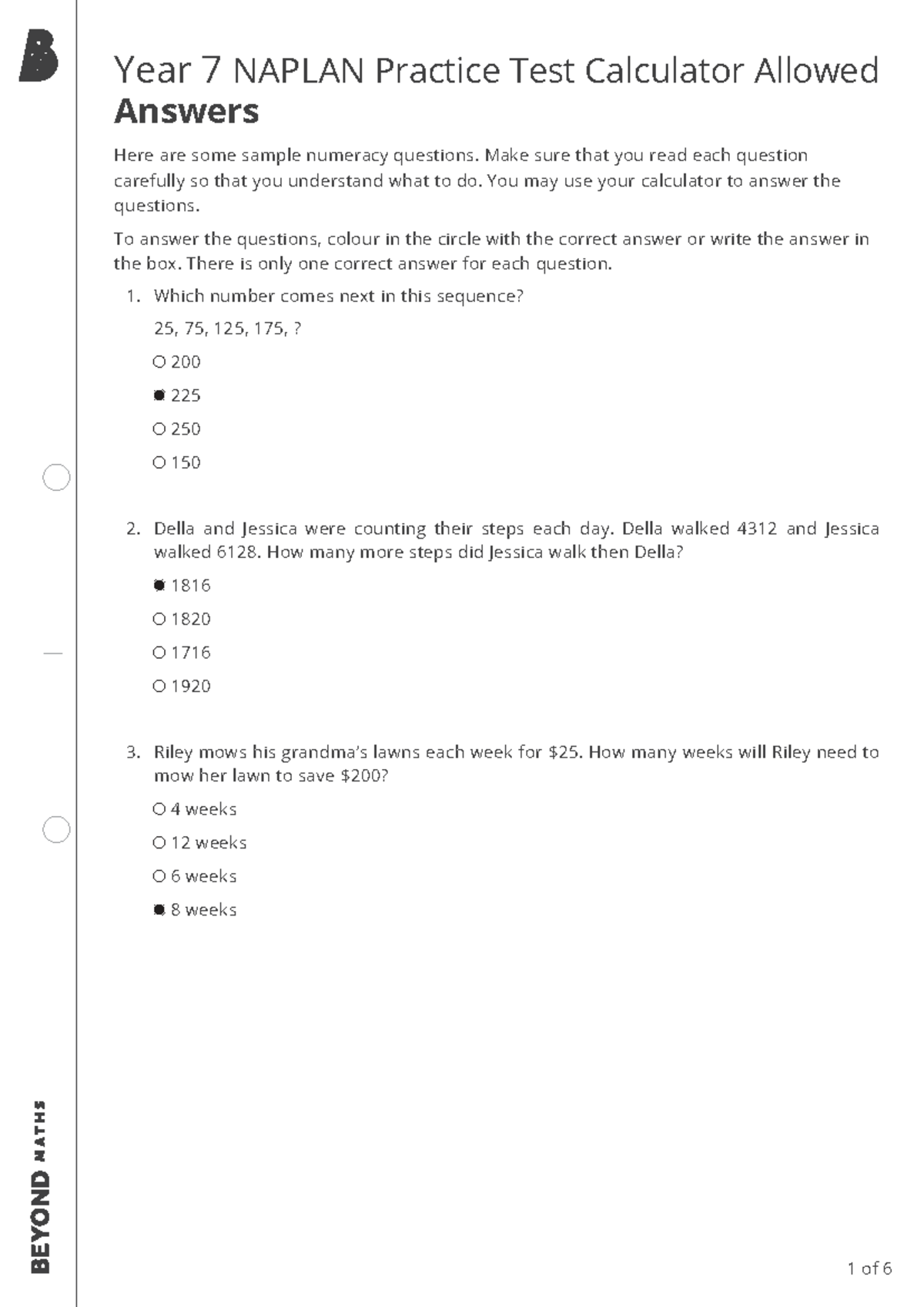 Year 7 NAPLAN Practice Test: Calculator Allowed Answers - Studocu