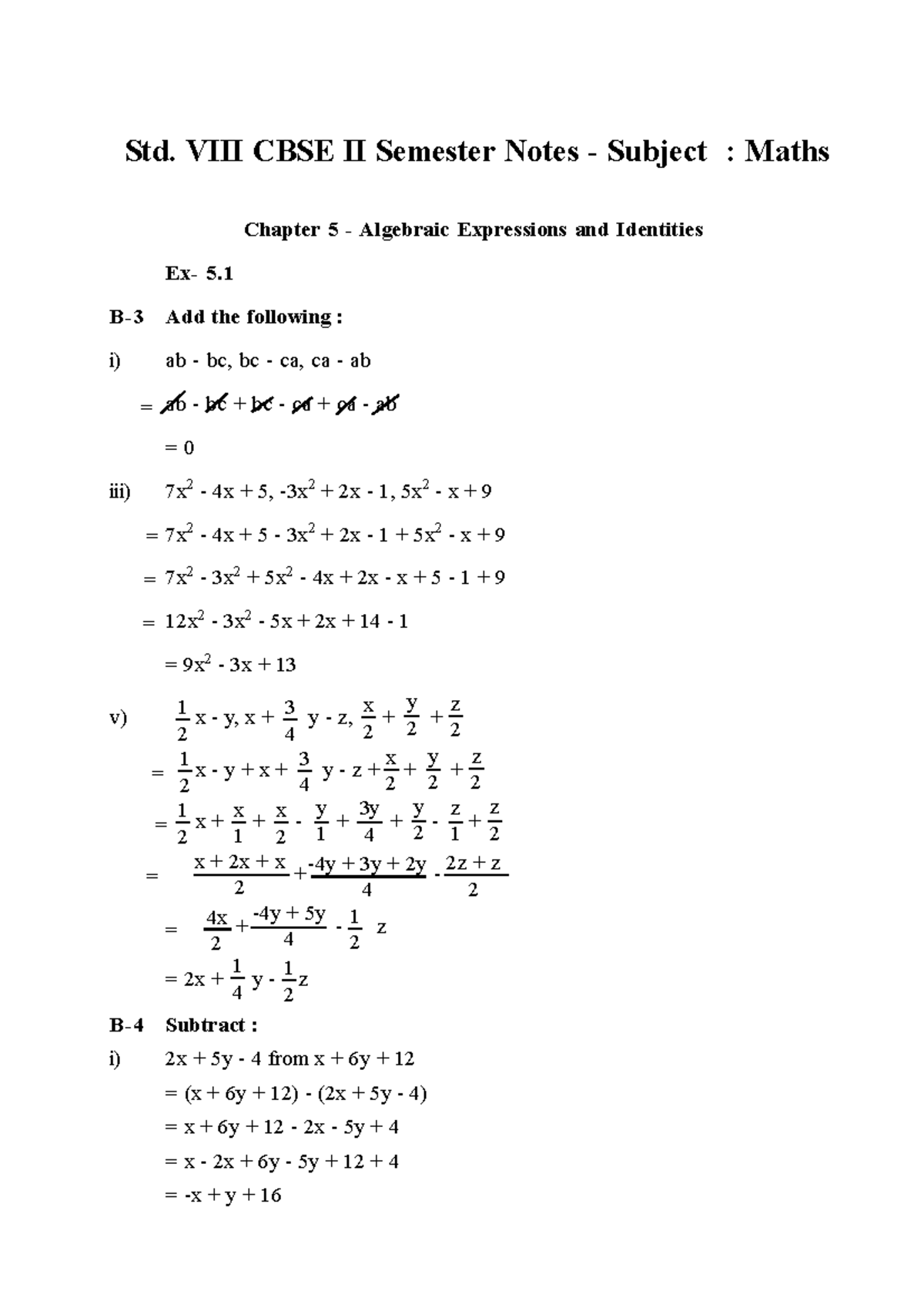 CBSE Std. VIII Maths II Sem Notes - Chap. 5: Algebraic Expressions ...