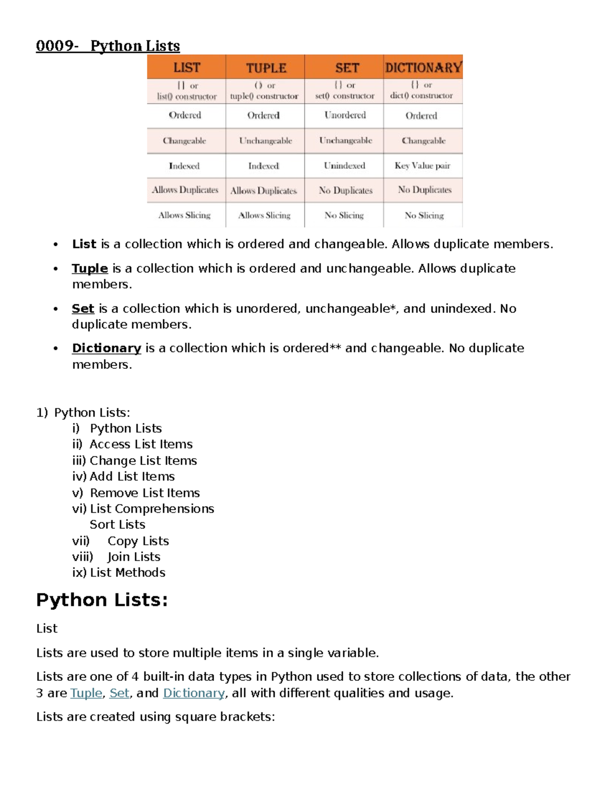 Python Lists: Comprehensive Notes on List Operations and Methods - Studocu