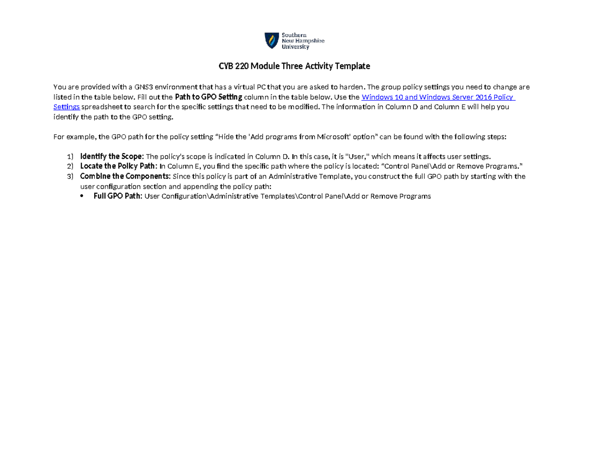 CYB 220 Module 3 GPO Hardening Activity Template - Studocu