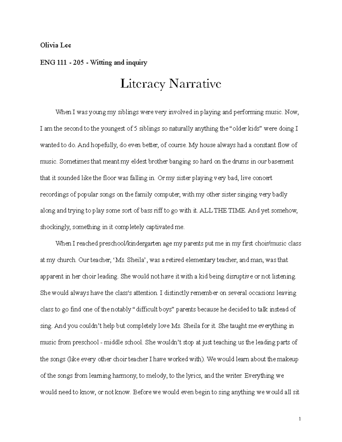 ENG 111 - 205 Literacy Narrative Essay: My Musical Journey - Studocu