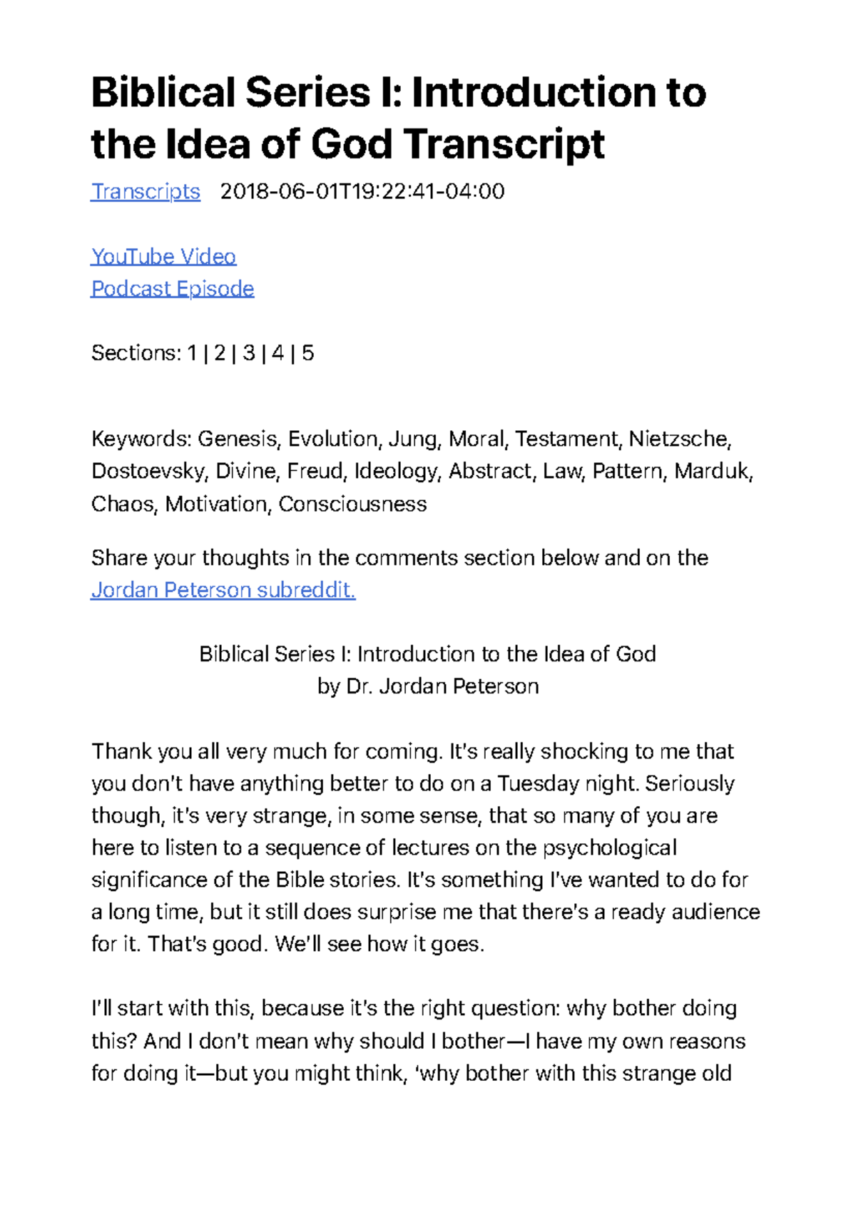 Biblical Series I- Introduction to the Idea of God Transcript ...