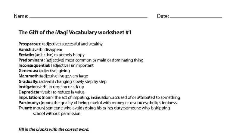 Y8 - The Gift of the Magi Vocabulary Worksheet - Studocu