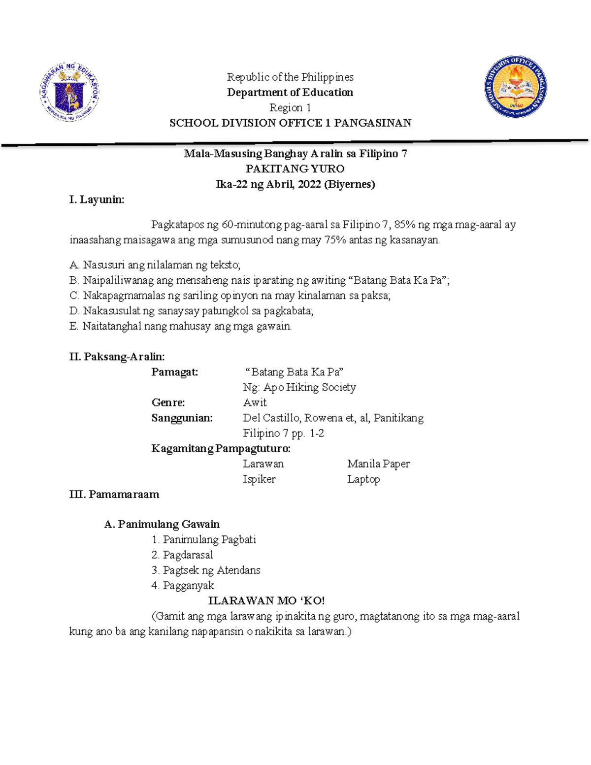 Filipino JHS LP - LESSON PLAN - Republic of the Philippines Department ...