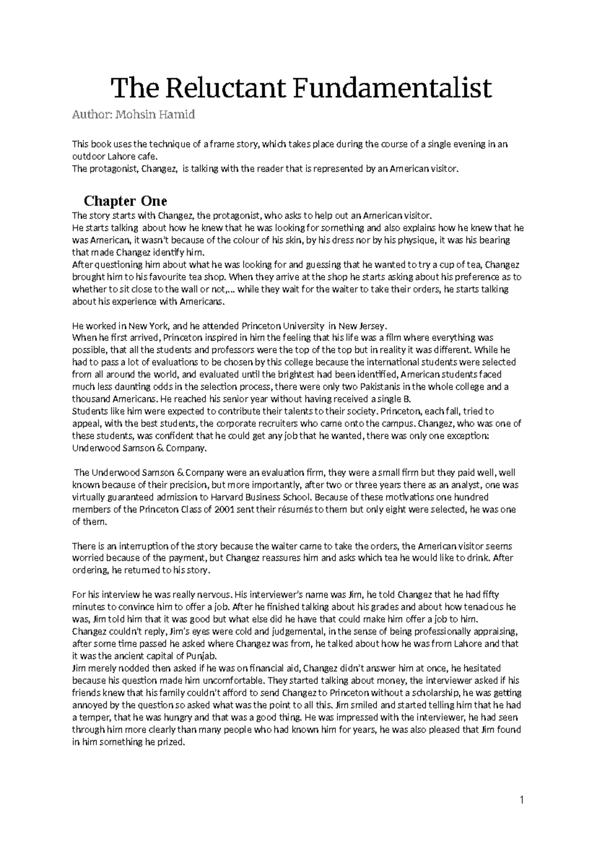 The Reluctant Fundamentalist: Chapter Summaries and Analysis - Studocu