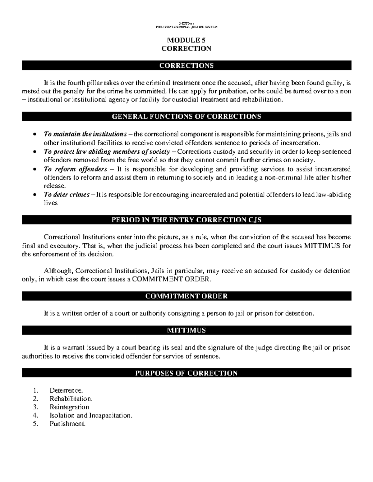 Module 5: Overview of the Correction Pillar in Criminal Justice - Studocu