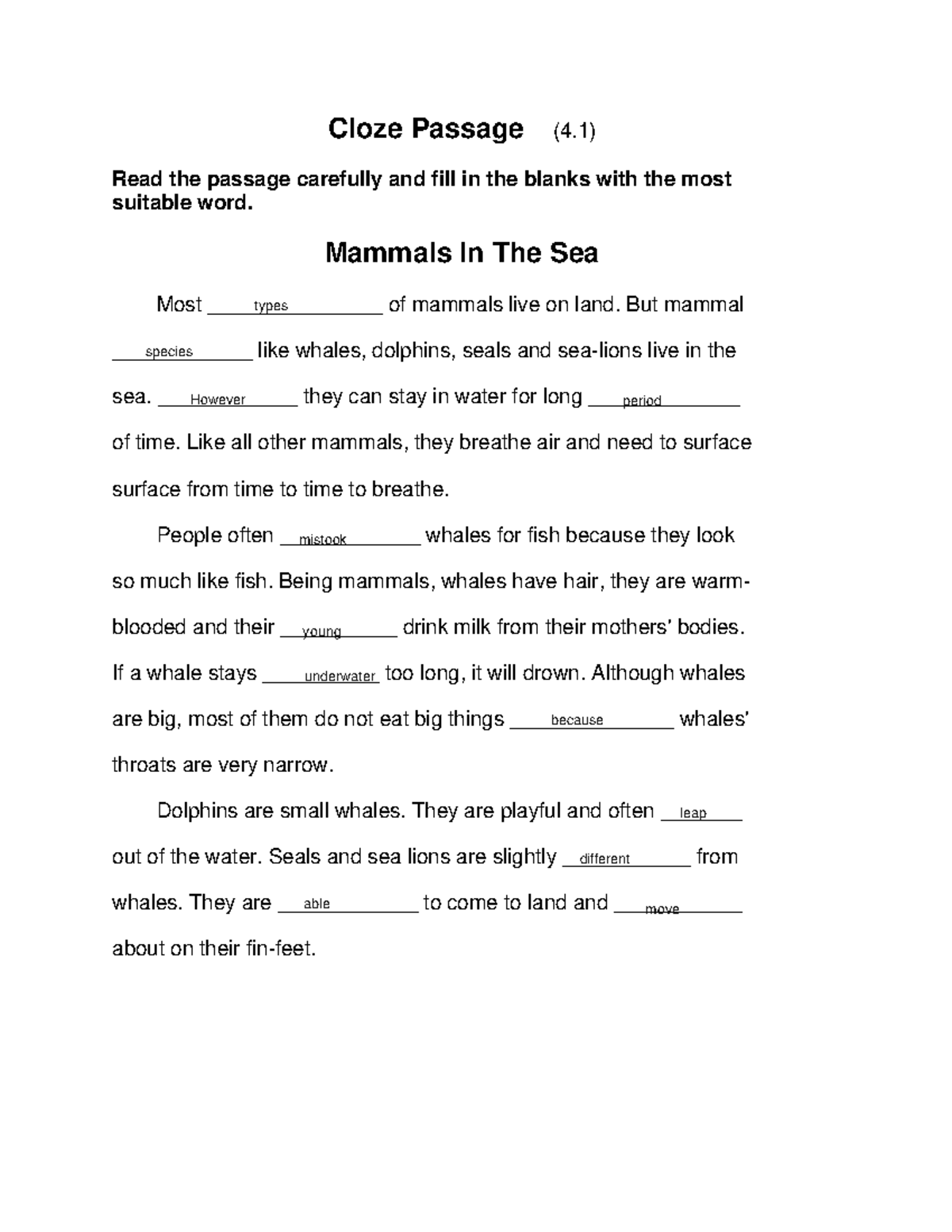 Cloze Passage Practice Tests (4.1 - 4.10) with Answer Key - Studocu