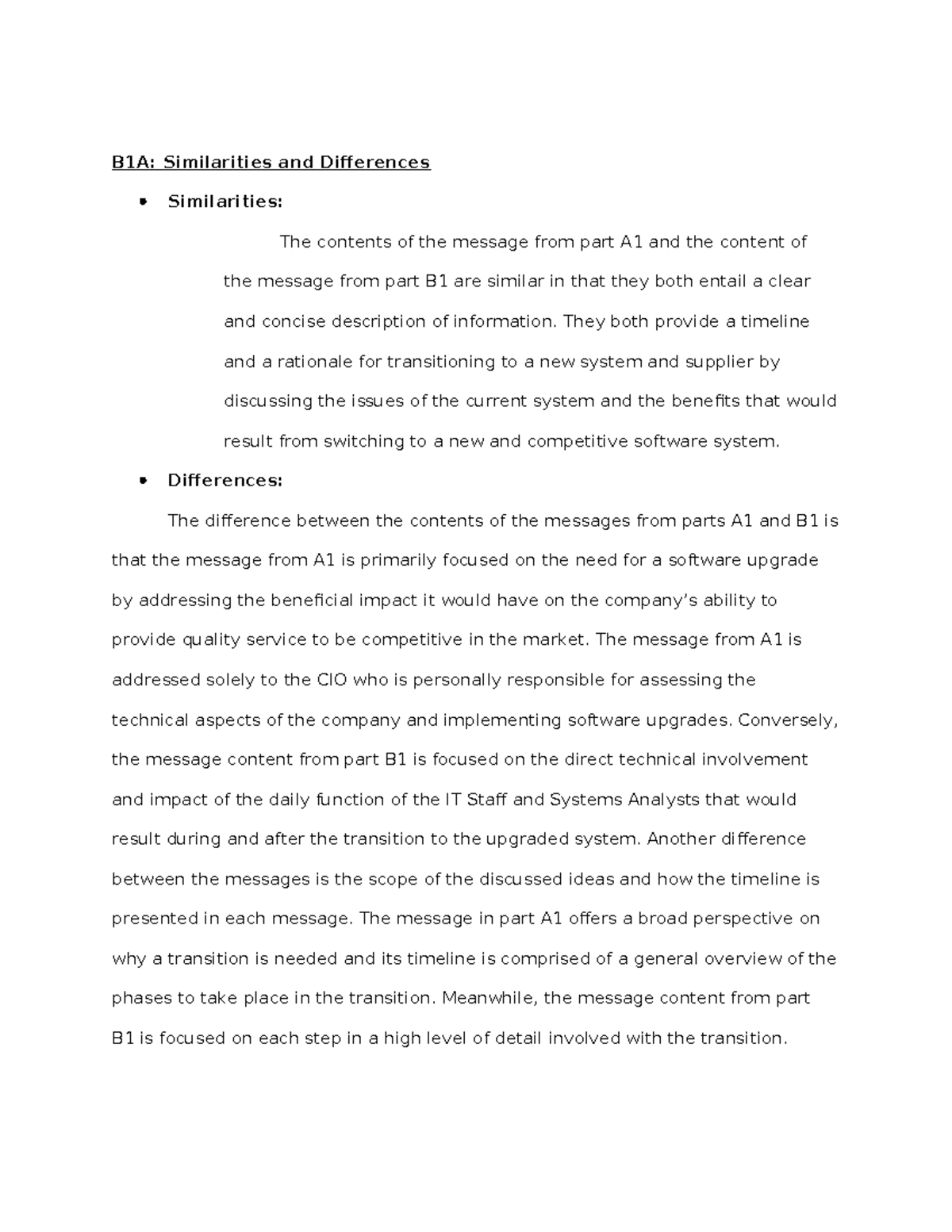 B1A: Analysis of Similarities and Differences in Messages - Studocu