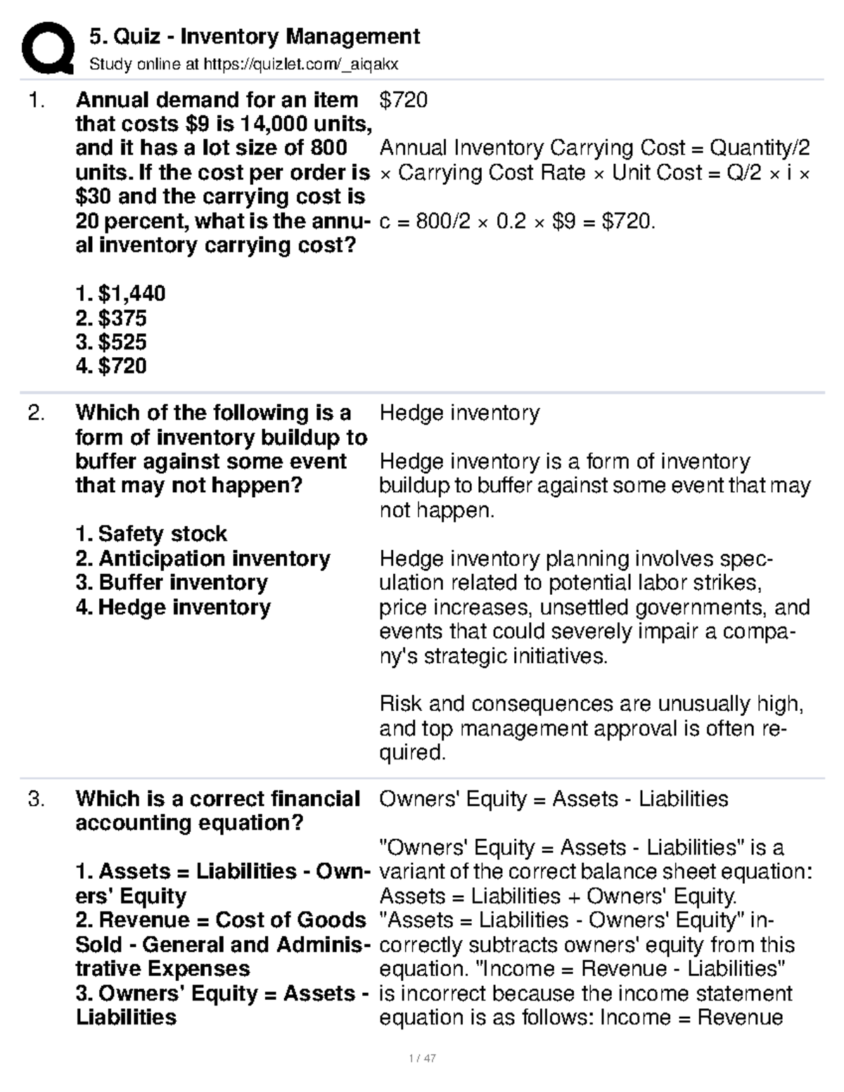 5. Quiz - Inventory Management Concepts and Calculations - Studocu