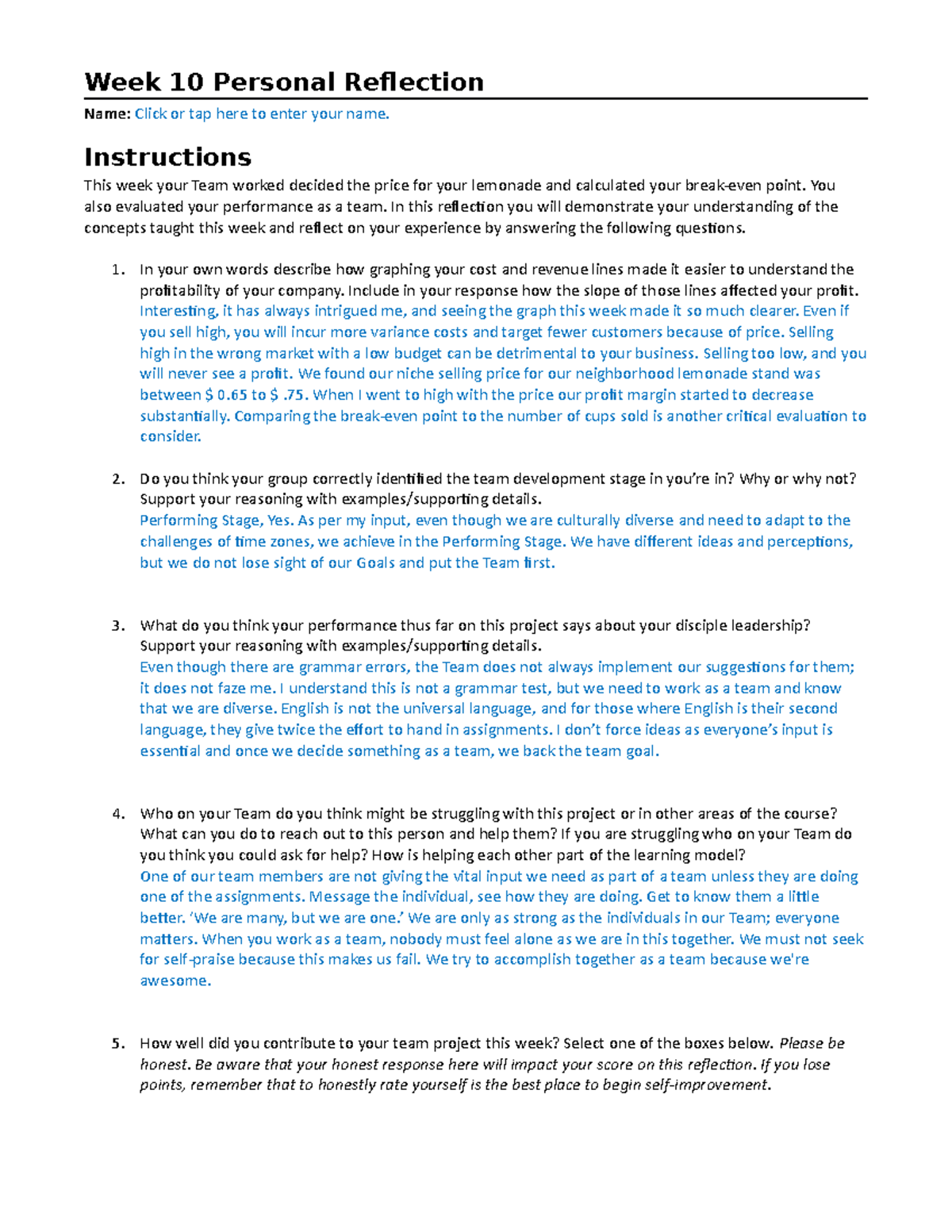 Pc102 Week 10 Personal Reflection on Team Performance and Growth - Studocu