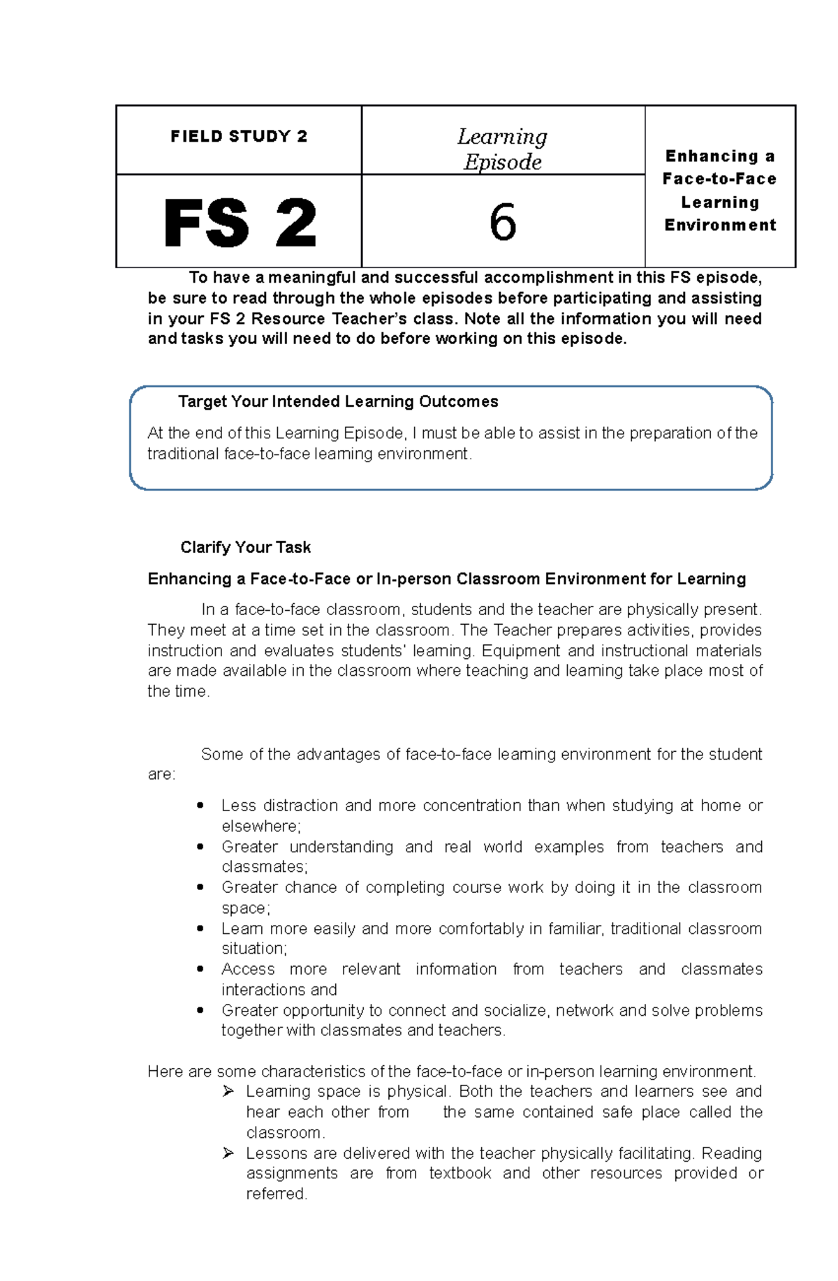 FS 2 EPSD 6 - Enhancing Face-to-Face Learning Environments - Studocu