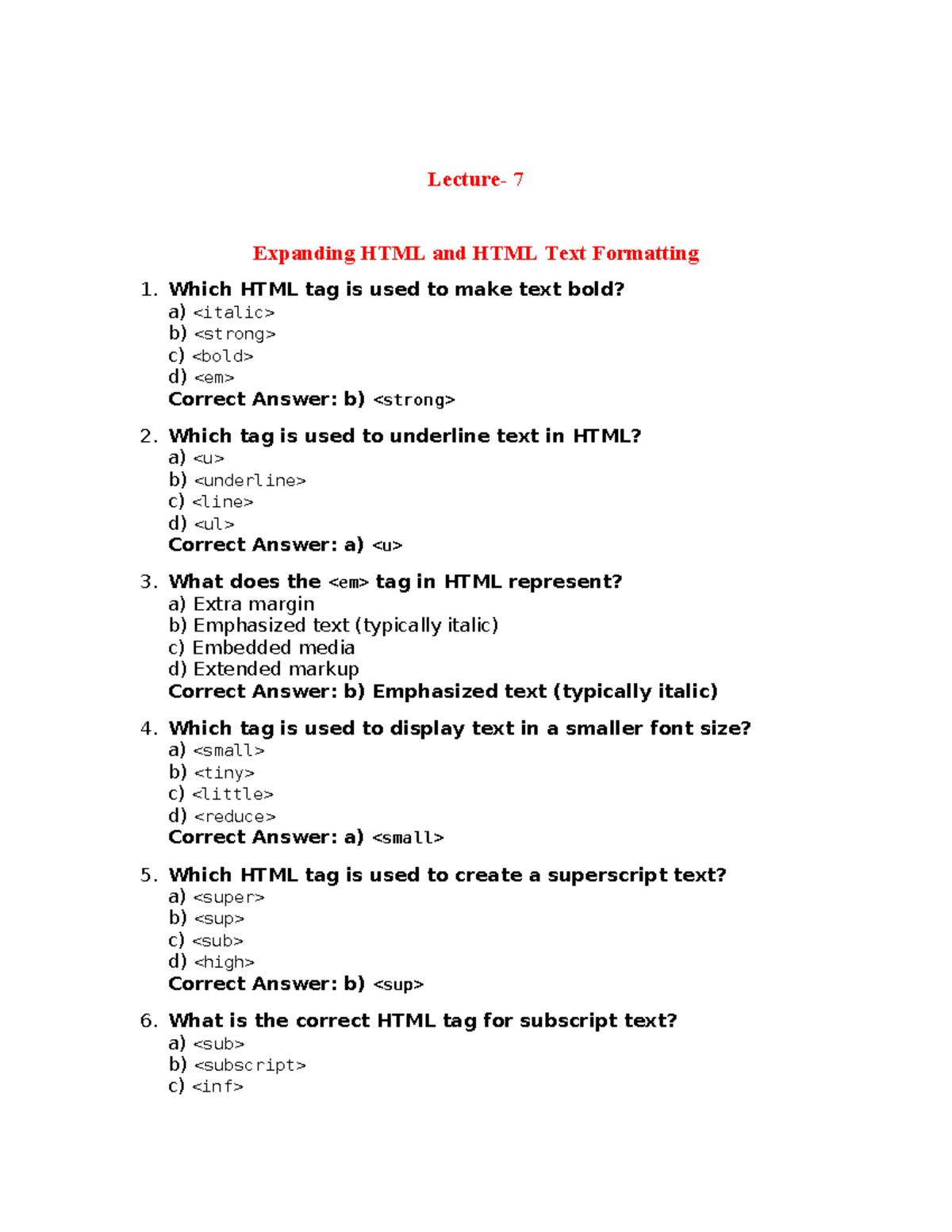 Lecture - 712: Expanding HTML & Text Formatting Quiz - Studocu