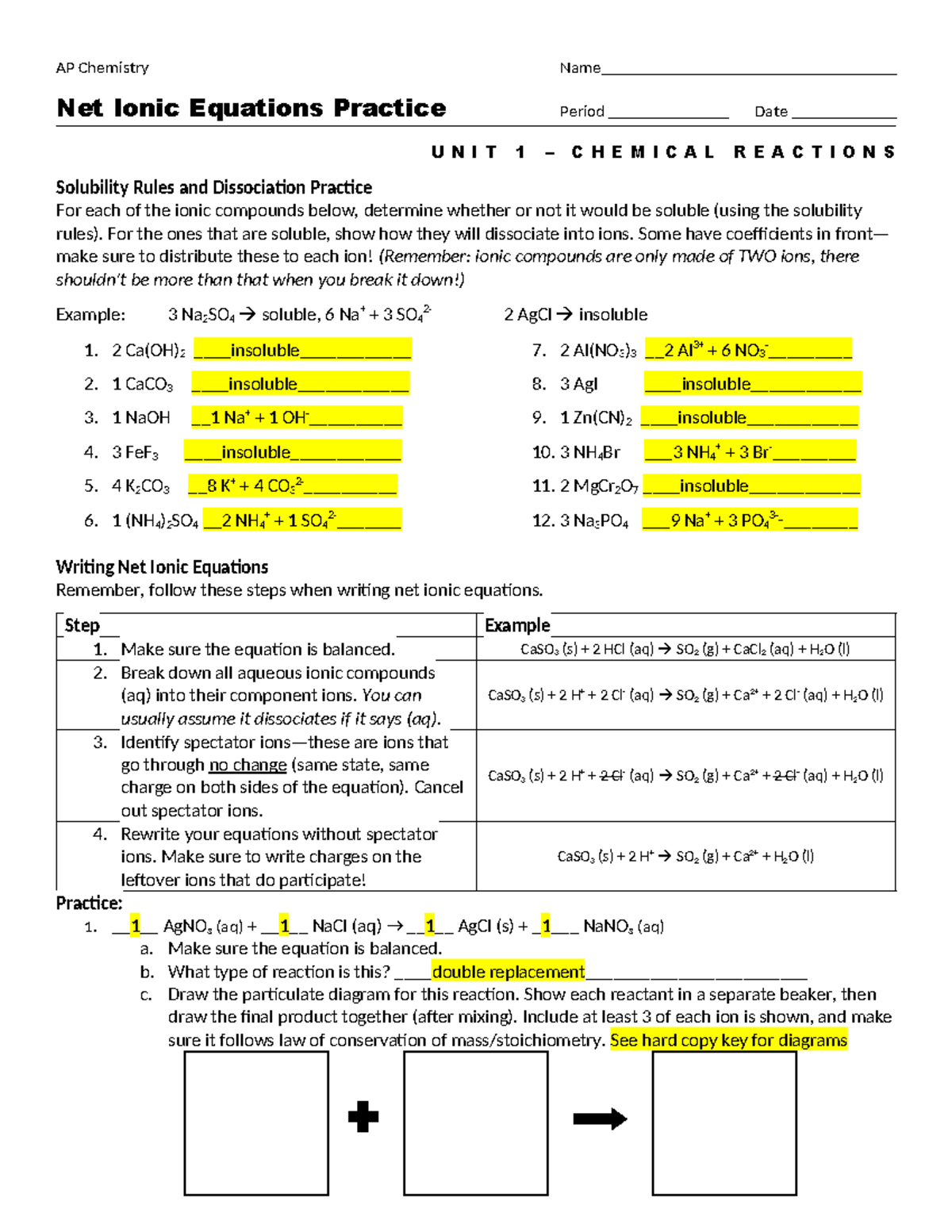 W. Net Ionic Equations KEY - AP Chemistry Name Net Ionic Equations ...