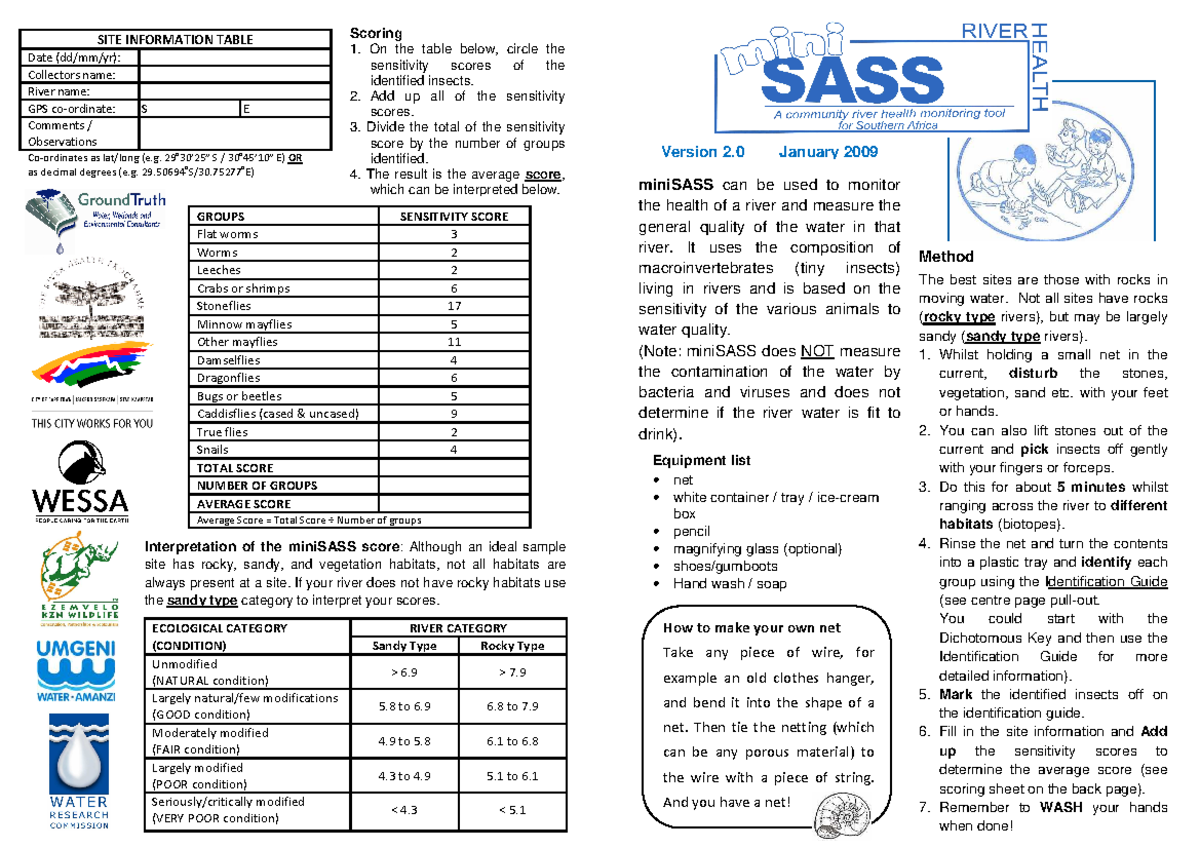 Mini SASS Scoring Method: A Guide to River Health Assessment - Studocu