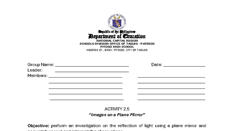 Activity Sheet: Investigation on Light Reflection Using Mirrors ...