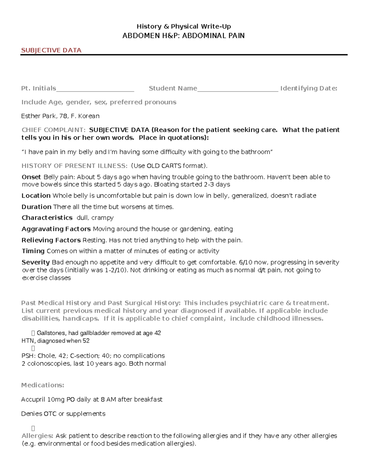 History and Physical Exam: Abdominal Pain Case Study (H. Skuble, 2024 ...