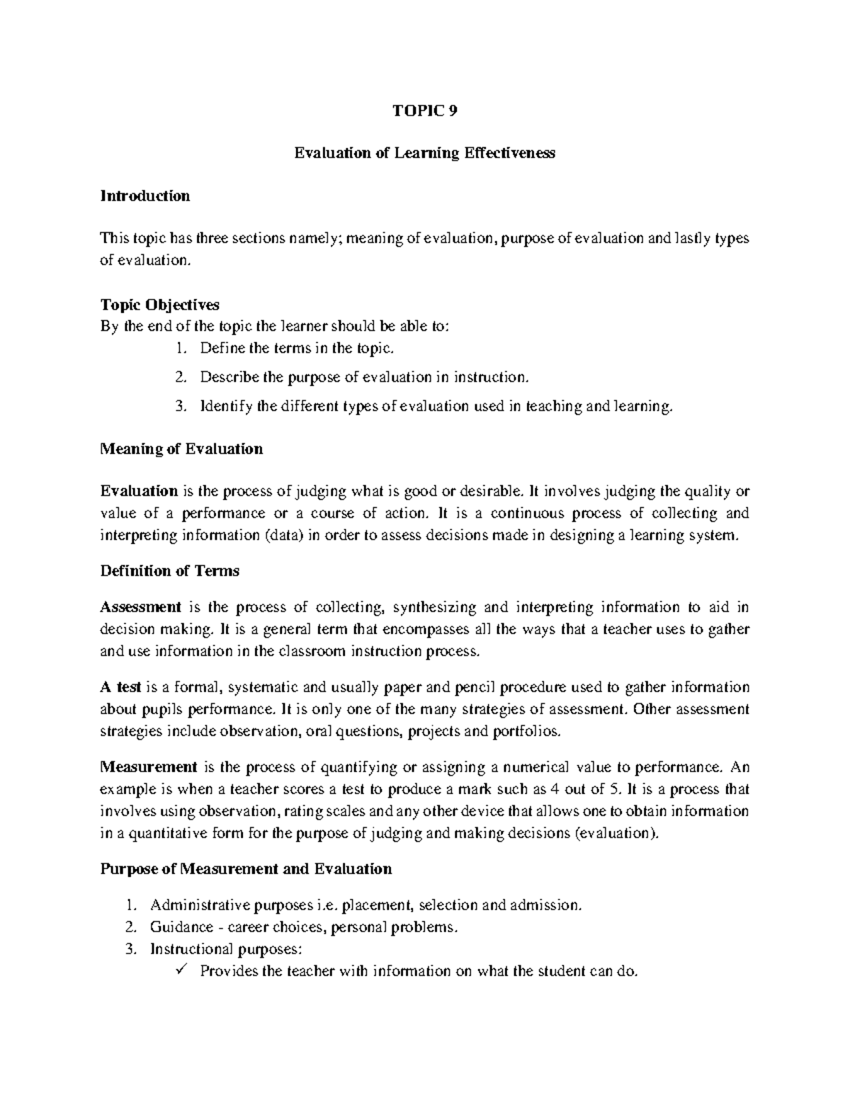 Topic 9: Evaluation of Learning Effectiveness - Key Concepts and Types ...