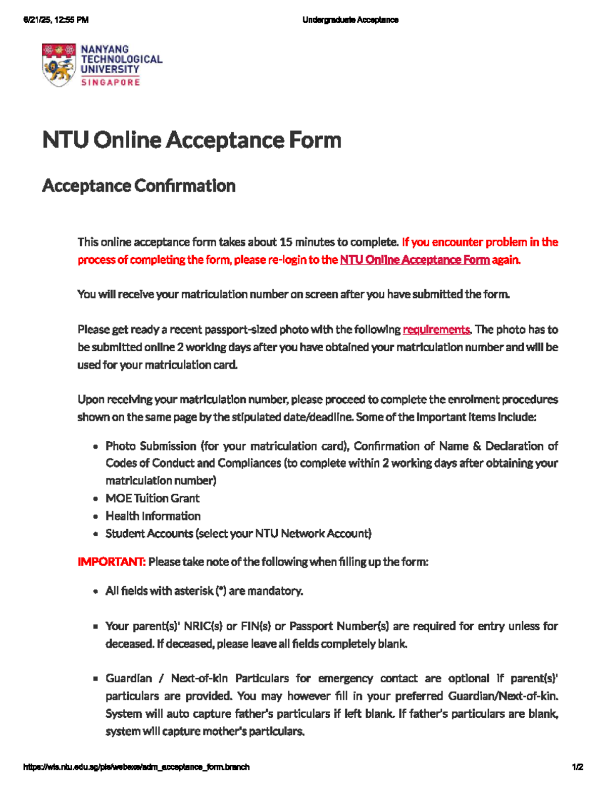 NTU Online Acceptance Form Instructions and Requirements - Studocu