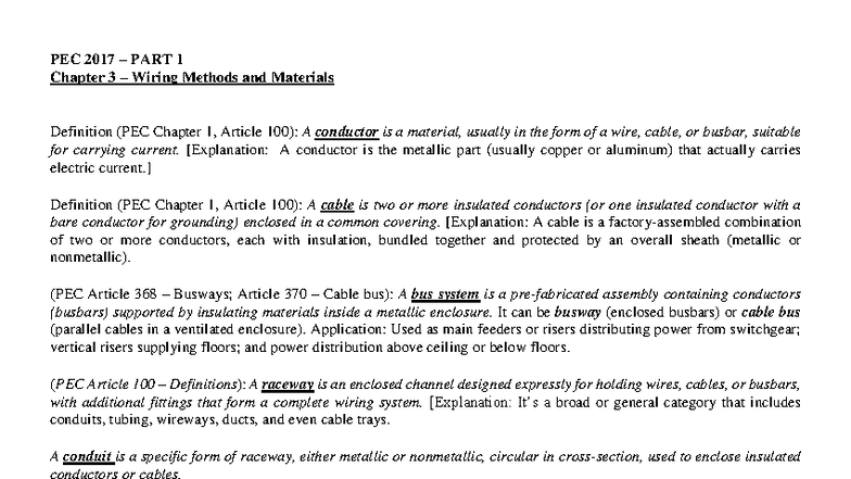 PEC 2017 Part 1: Chapter 3 Wiring Methods & Materials Overview - Studocu