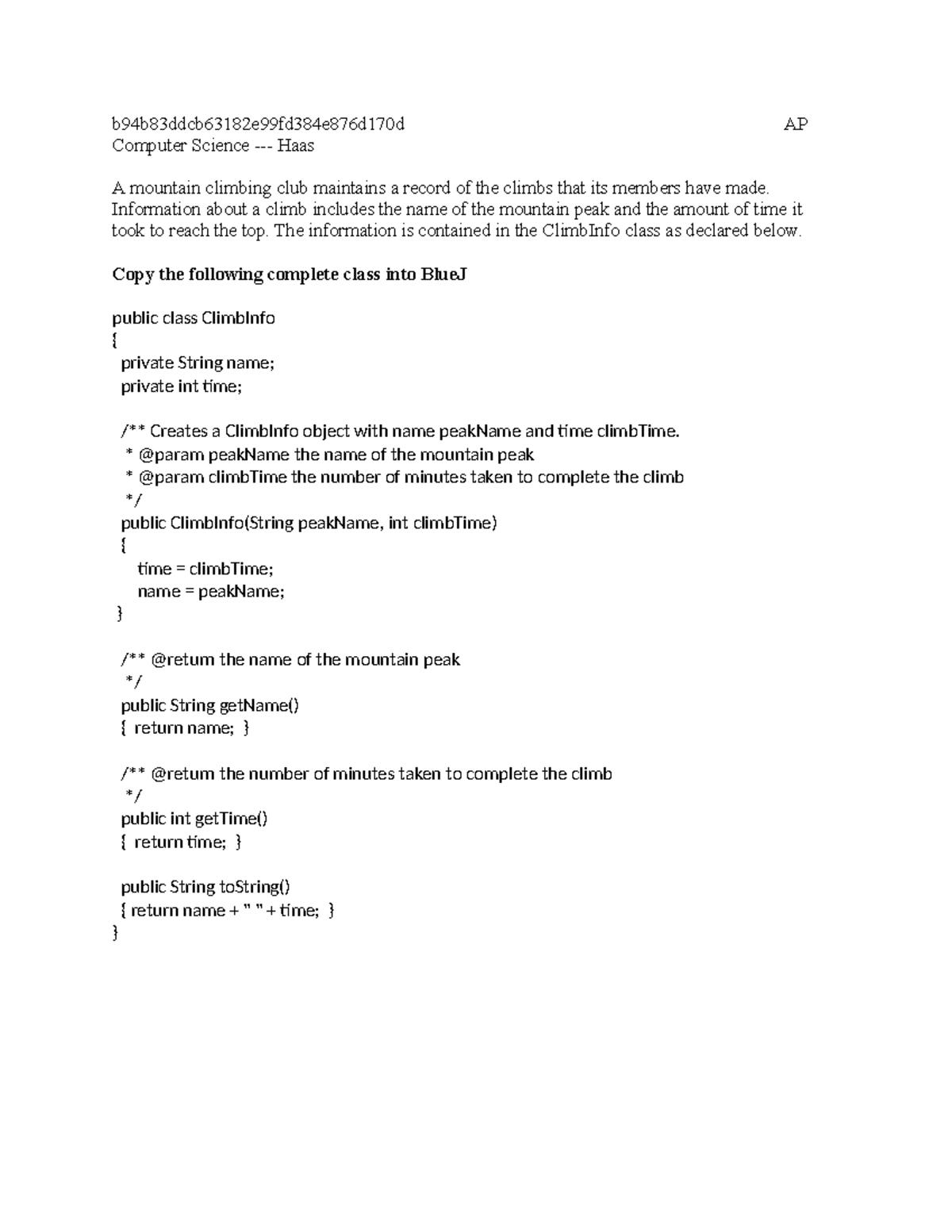 Climb Info - Lab unit 7 - b94b83ddcb63182e99fd384e876d170d AP Computer ...