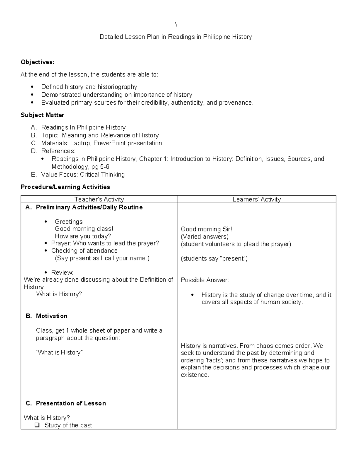Detailed Lesson Plan: Reading in PH History (Meaning & Relevance) - Studocu