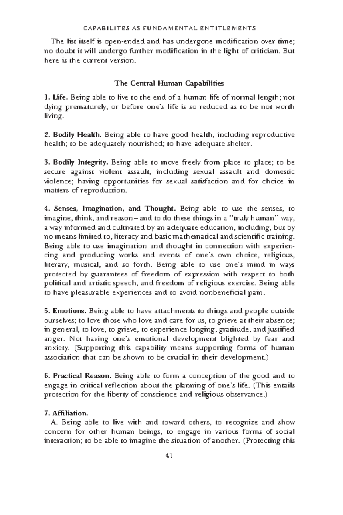The 10 understood central human capabilities - The list itself is open ...