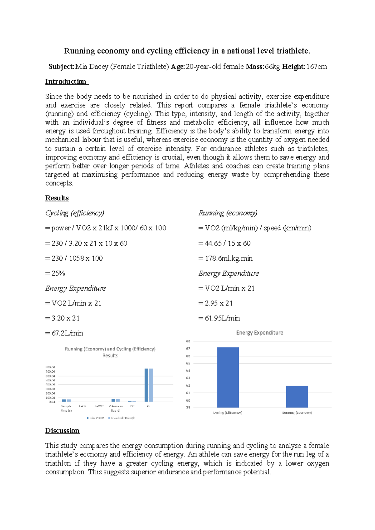 EXSC225 Lab Report: Running Economy & Cycling Efficiency Analysis - Studocu