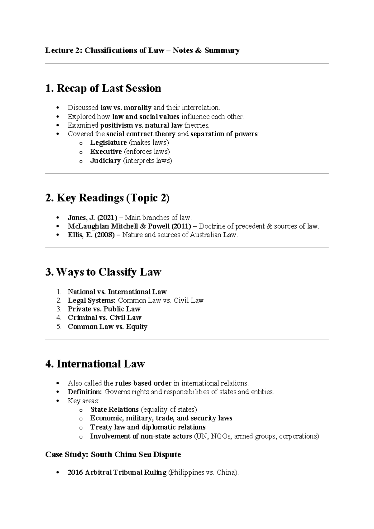 LEG100 Week 2 Lecture Notes: Classifications of Law and Case Study ...