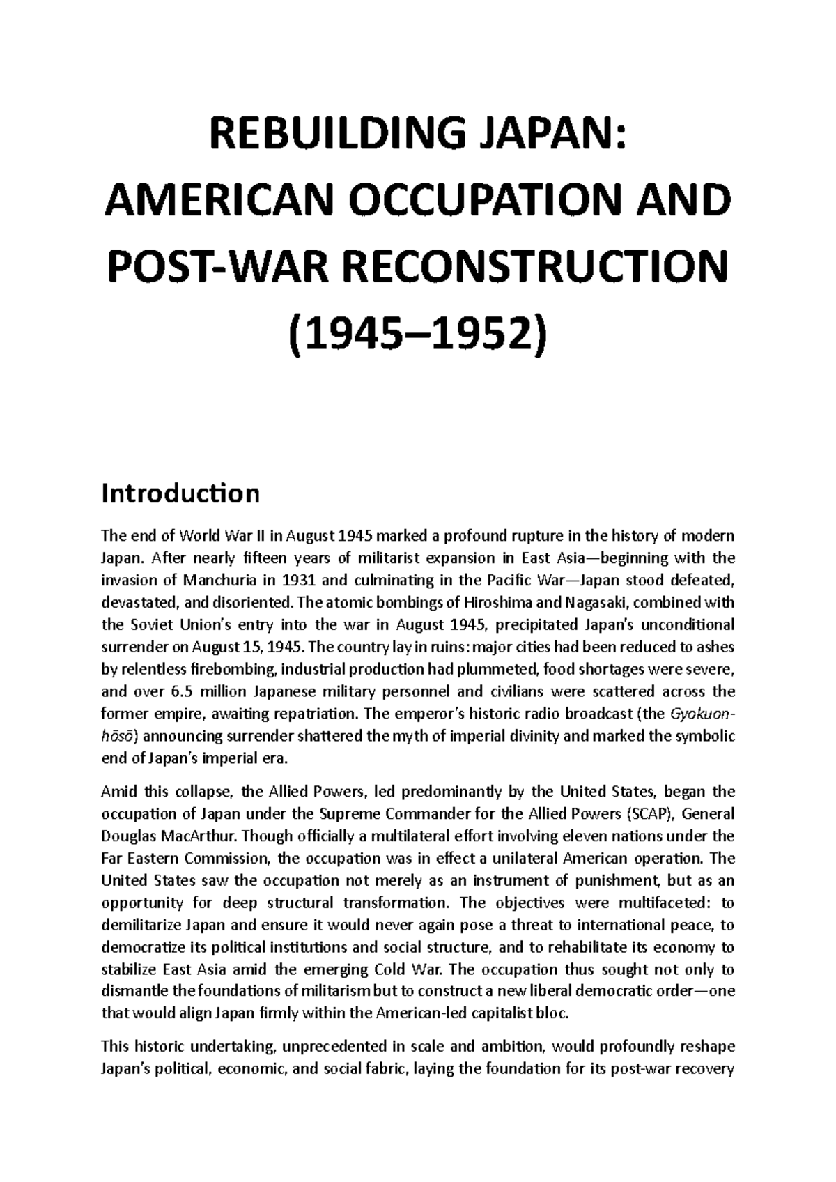 Rebuilding Japan: American Occupation and Reconstruction (HIST 101 ...