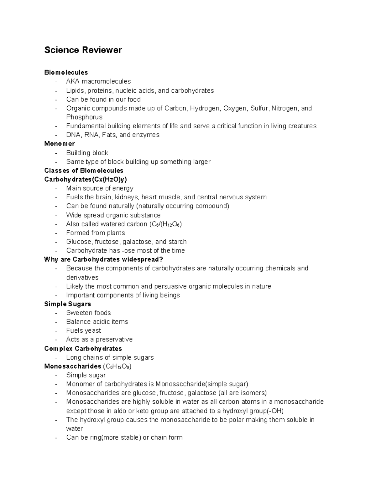 Biomolecules Overview for Grade 10 Science Review - Studocu