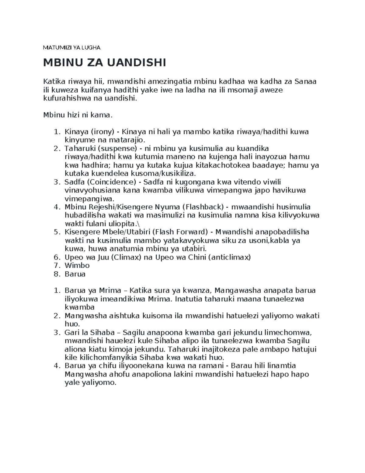 Mbinu za Uandishi katika Riwaya: Mabadiliko na Mifano - KISW 101 - Studocu