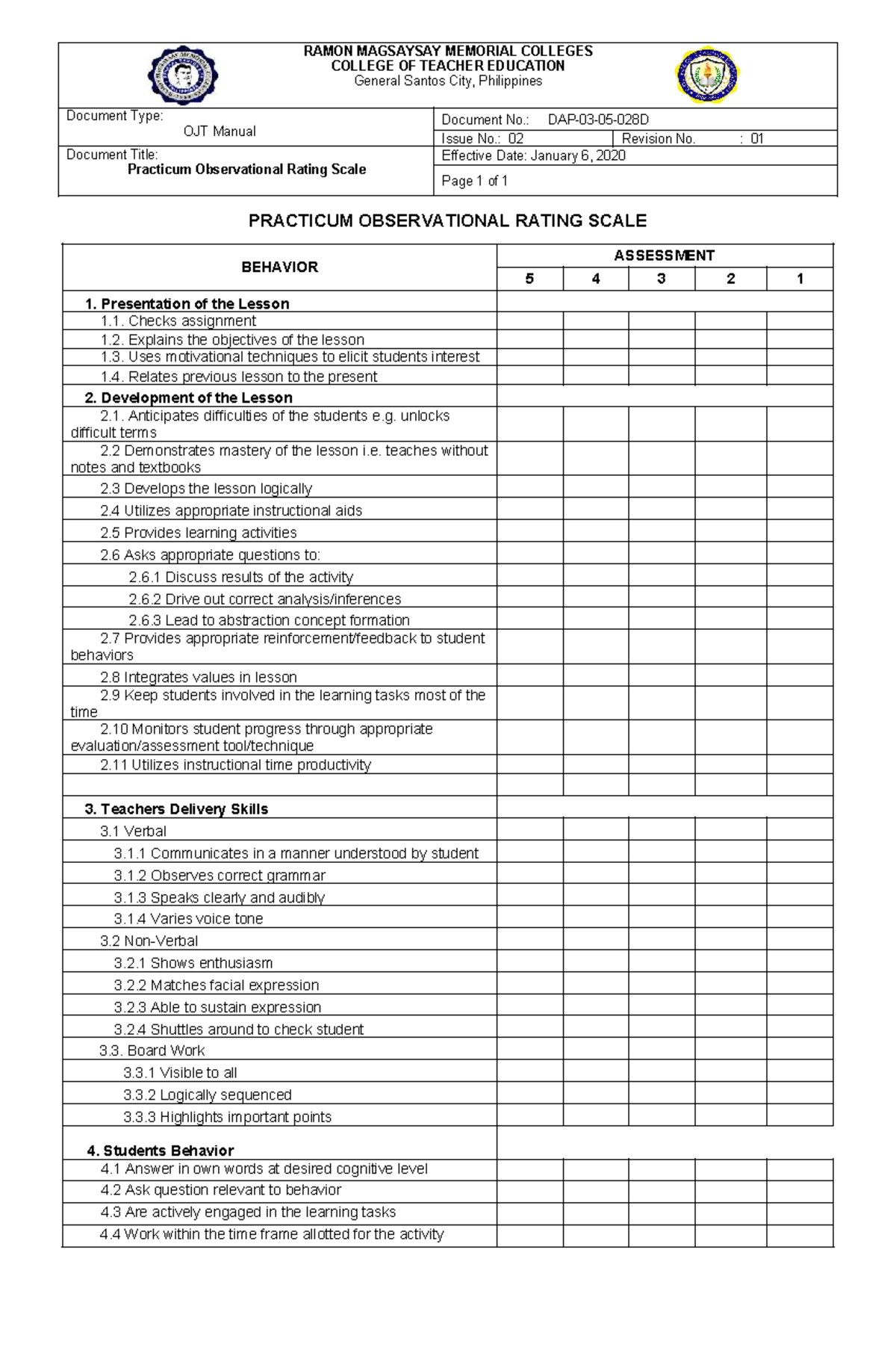 OJT Manual: Practicum Observational Rating Scale (RAMON MAGSAYSAY ...