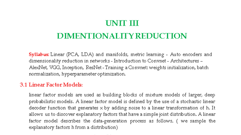 Deep Learning Unit 3: Dimensionality Reduction & Convnet Architectures - Studocu