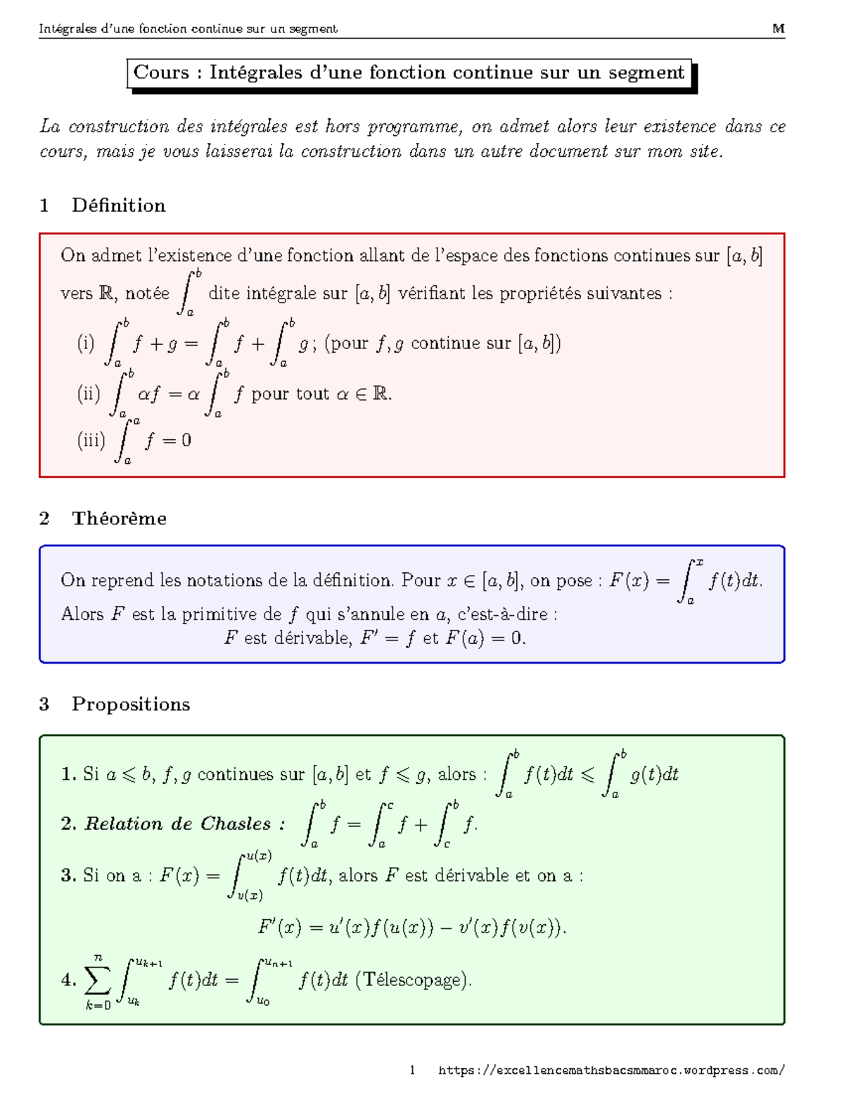Cours M : Intégrales de Fonctions Continues sur un Segment - Studocu