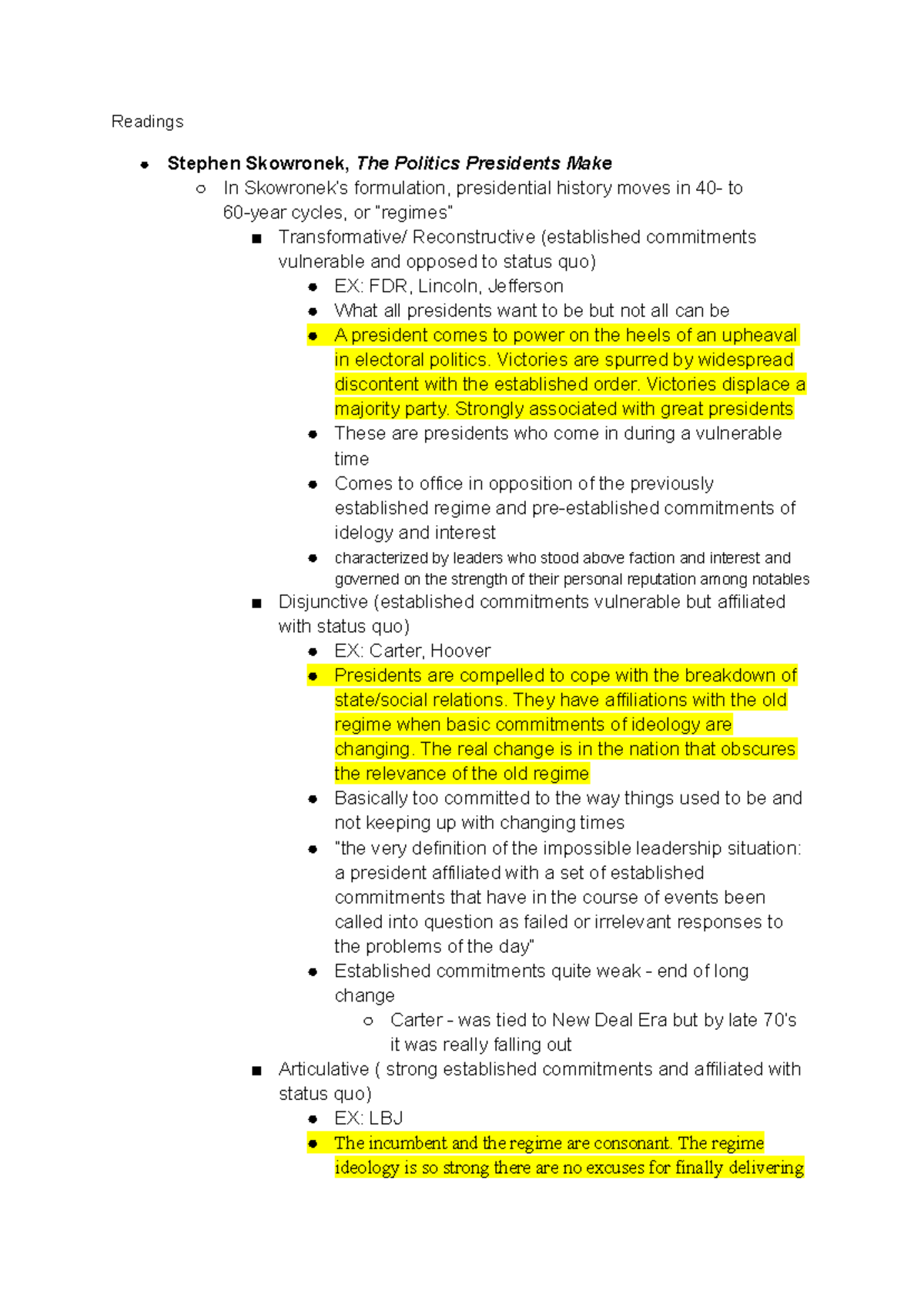 PSC 303 EXAM 2 - study guide - Readings Stephen Skowronek, The Politics ...