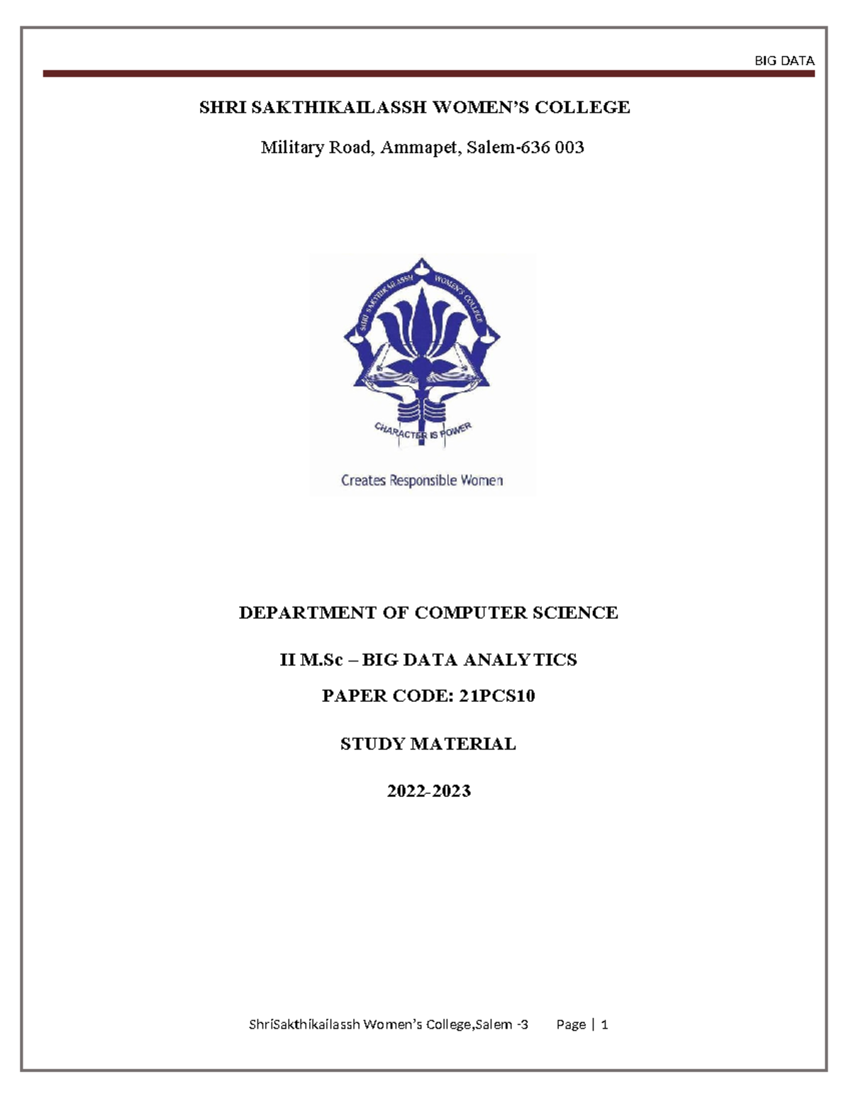 II PG Big data - Computer science research science topic notes - SHRI ...